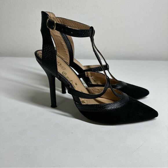 Brash | Shoes | Brash Strappy Black Faux Leather Strappy Heeledpointy ...